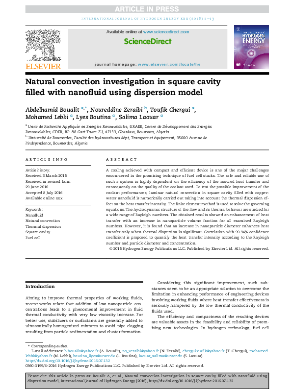 Pdf Natural Convection Investigation In Square Cavity Filled With Nanofluid Using Dispersion Model