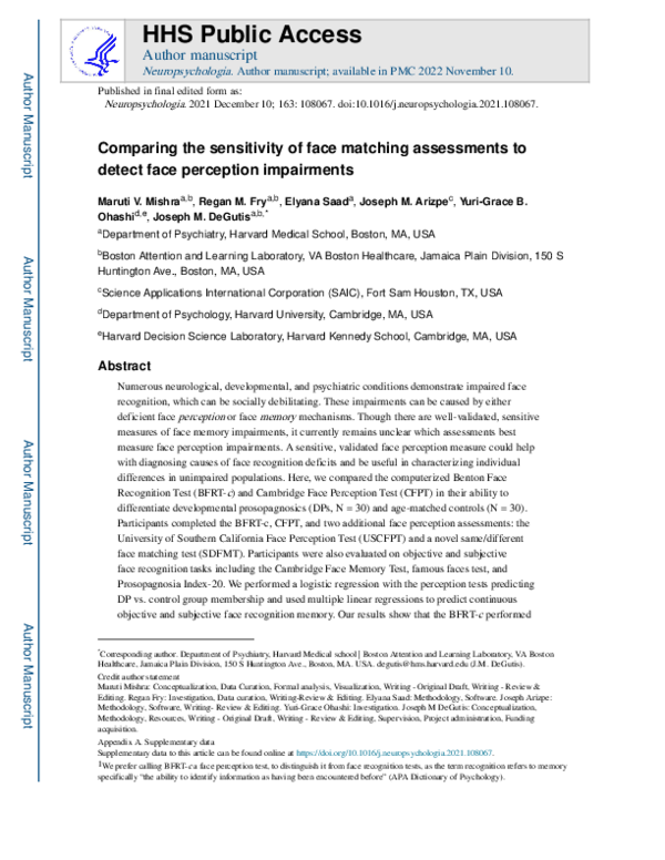 (PDF) Comparing the sensitivity of face matching assessments to detect face perception impairments