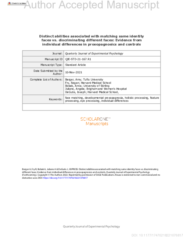 (PDF) Distinct abilities associated with matching same identity faces ...