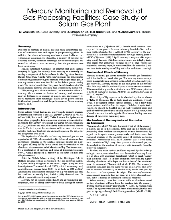 (PDF) Mercury Monitoring and Removal at Gas-Processing Facilities: Case ...