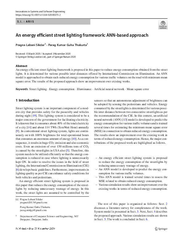 (PDF) An energy efficient street lighting framework: ANN-based approach