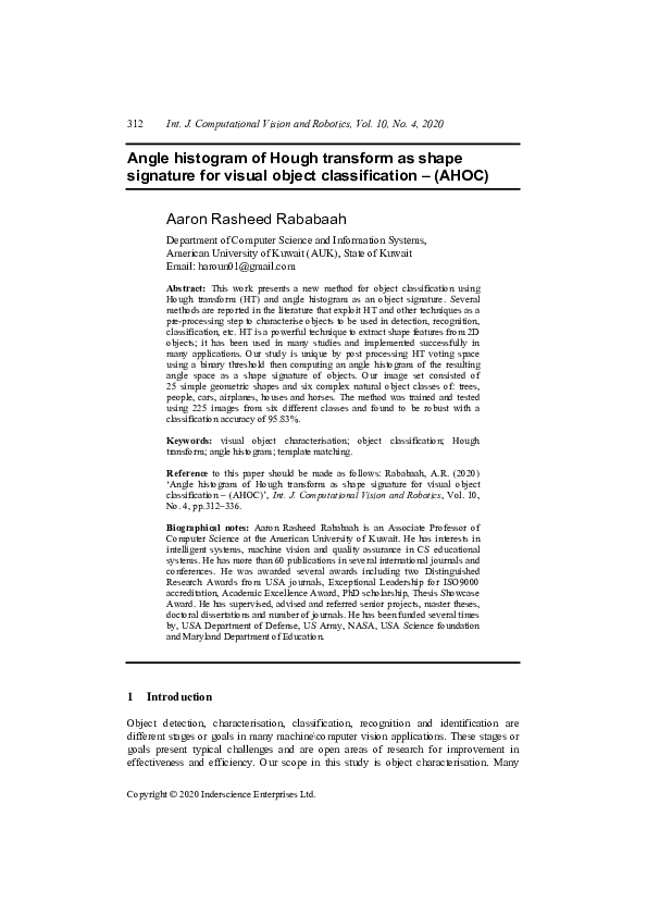Pdf Angle Histogram Of Hough Transform As Shape Signature For Visual Object Classification