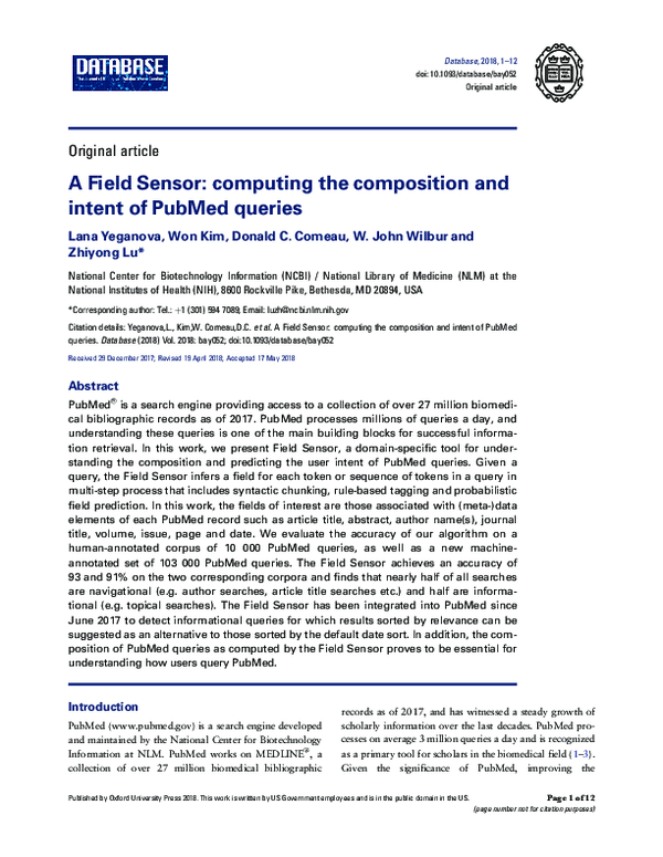 (PDF) A Field Sensor: computing the composition and intent of PubMed queries