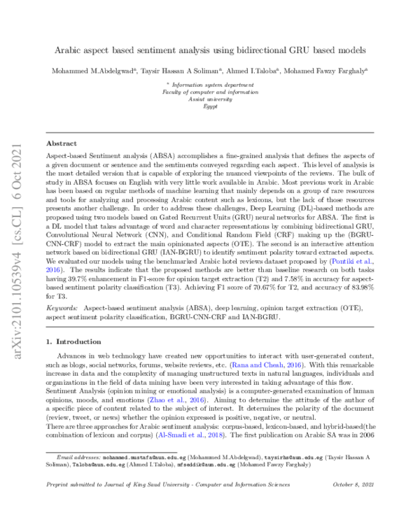 Pdf Arabic Aspect Based Sentiment Analysis Using Bidirectional Gru