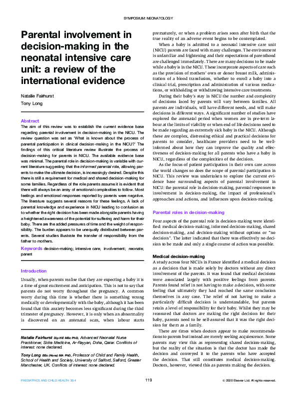 (PDF) Parental involvement in decision-making in the neonatal intensive ...