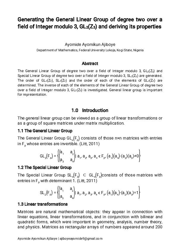 Pdf Generating The General Linear Group Of Degree Two Over A Field Of Integer Modulo 3 Gl2z3