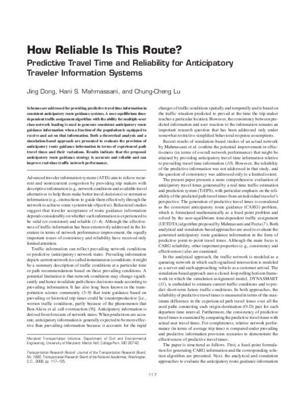 (PDF) How Reliable Is This Route?: Predictive Travel Time and ...