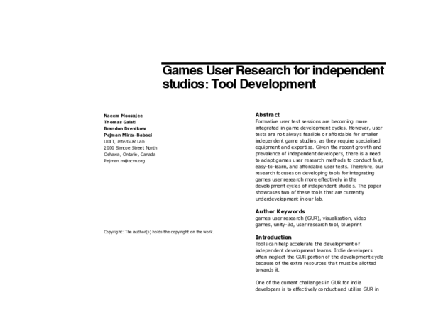 (PDF) Games User Research for independent studios : Tool Development
