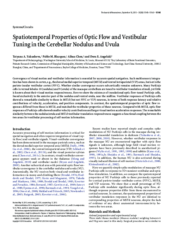 (PDF) Spatiotemporal Properties of Optic Flow and Vestibular Tuning in the Cerebellar Nodulus ...