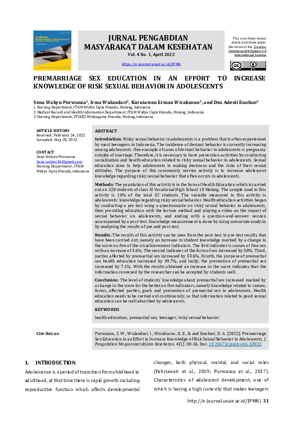 Pdf Premarriage Sex Education In An Effort To Increase Knowledge Of