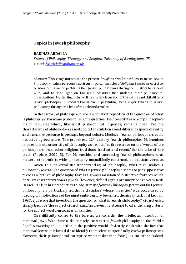 (PDF) Topics in Jewish Philosophy: Selected Religious Studies Articles