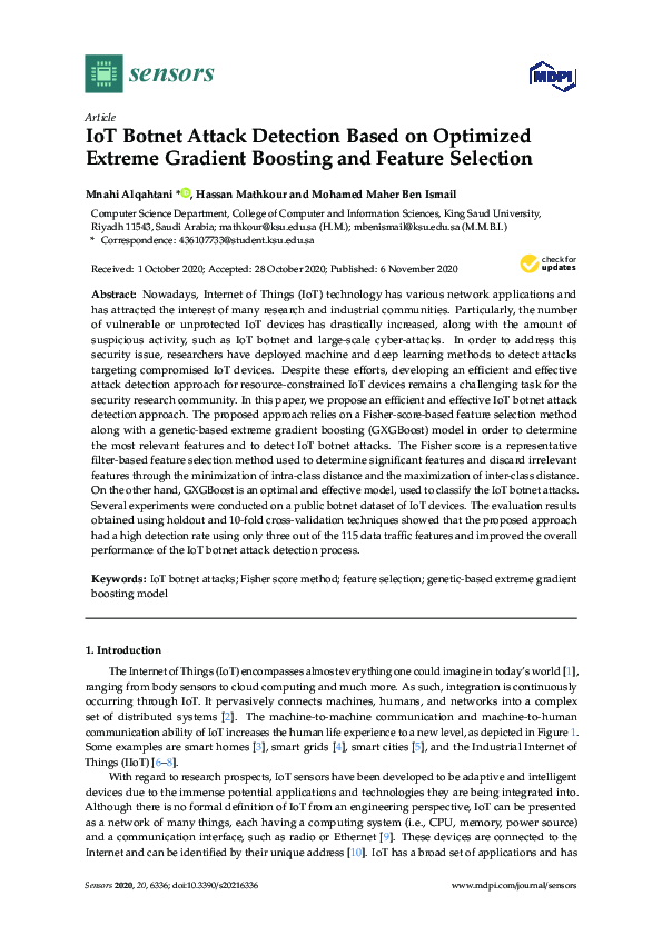 Pdf Iot Botnet Attack Detection Based On Optimized Extreme Gradient Boosting And Feature Selection
