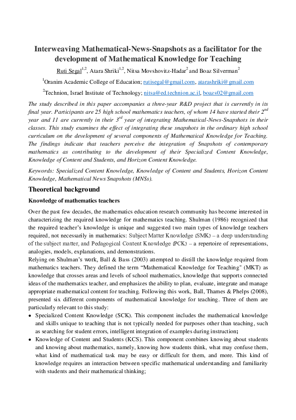 (PDF) Interweaving Mathematical-News-Snapshots as a facilitator for the ...