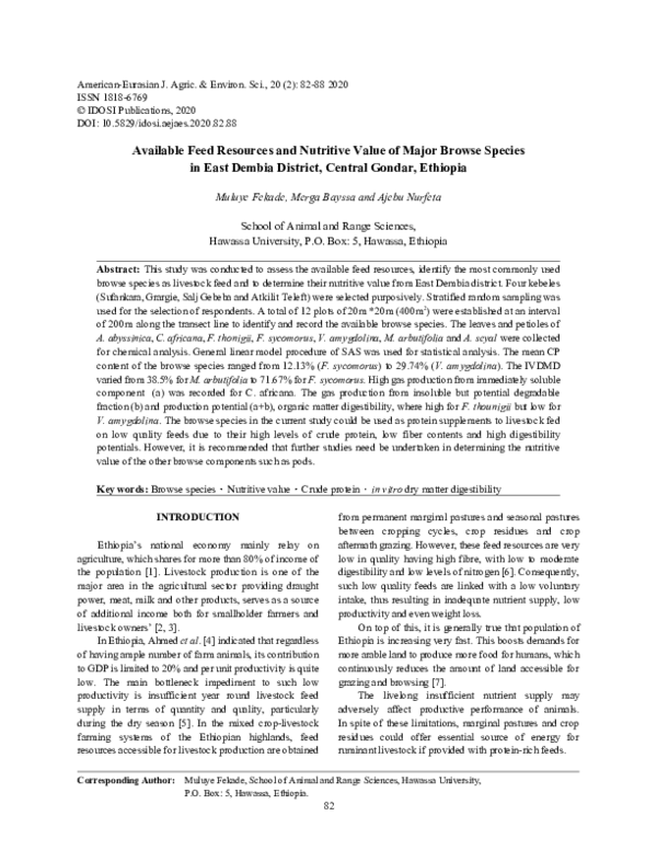 Pdf Available Feed Resources And Nutritive Value Of Major Browse