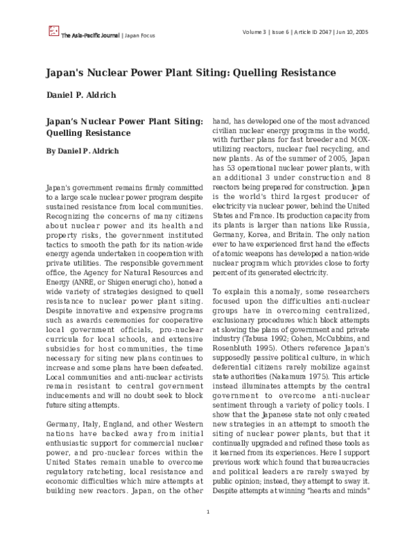 (PDF) Japan's Nuclear Power Plant Siting: Quelling Resistance