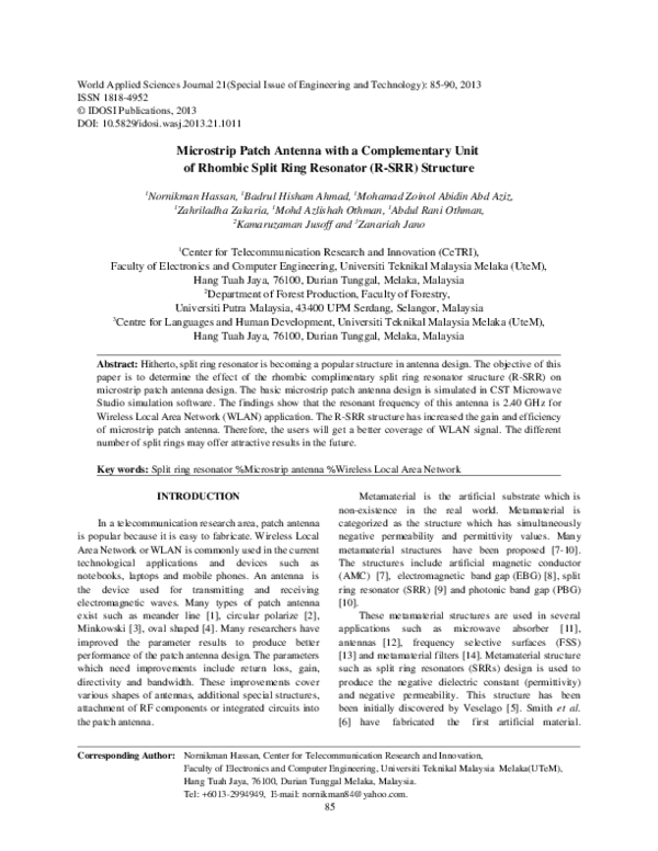 (PDF) Microstrip Patch Antenna with Complementary unit of Rhombic Split Ring Resonator (R-SRR ...