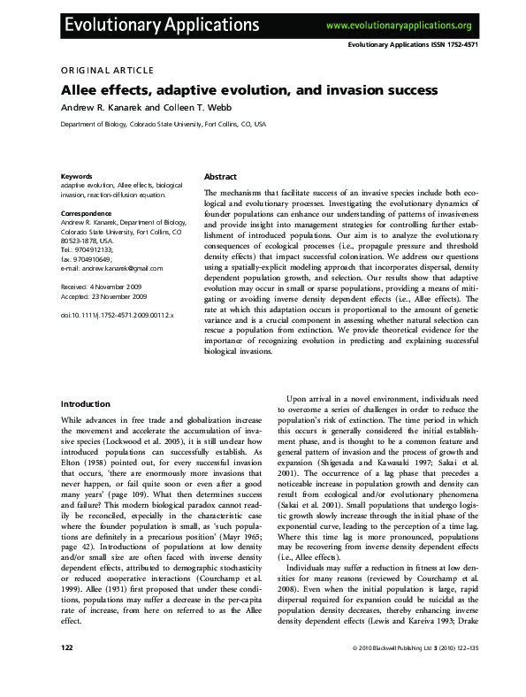 (PDF) ORIGINAL ARTICLE: Allee effects, adaptive evolution, and invasion success
