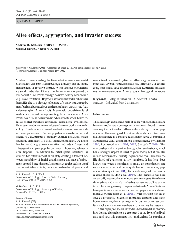 (PDF) Allee effects, aggregation, and invasion success