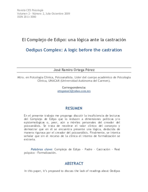 (PDF) El COMPLEJO DE EDIPO: UNA LÓGICA ANTE LA CASTRACIÓN. (Oedipus ...