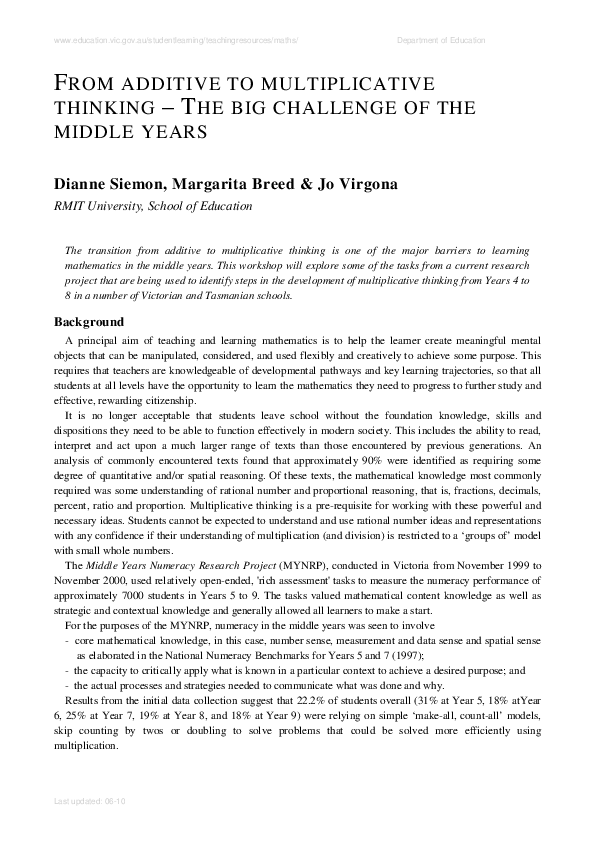 (PDF) From additive to multiplicative thinking–the big challenge of the ...