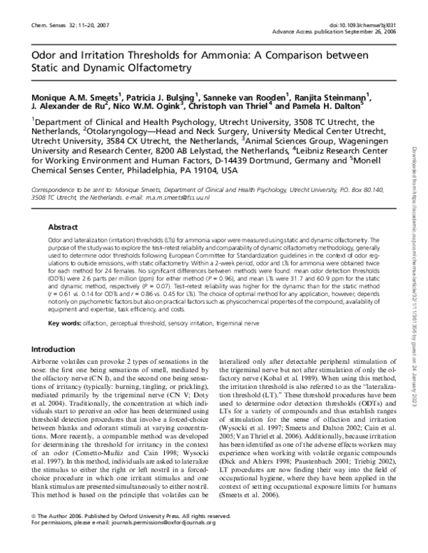 (PDF) Odor and Irritation Thresholds for Ammonia: A Comparison between ...