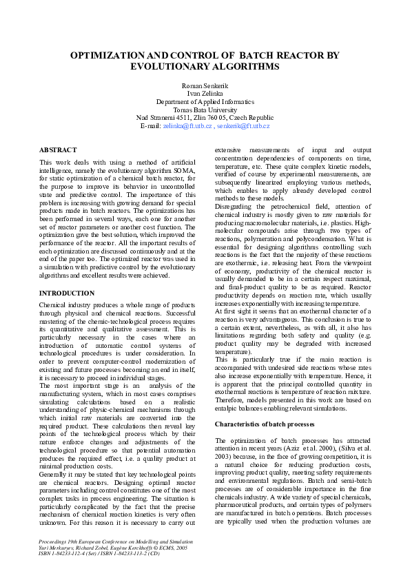 Pdf Optimization And Control Of Batch Reactor By Evolutionary Algorithms
