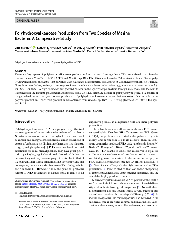 (PDF) Polyhydroxyalkanoate Production from Two Species of Marine Bacteria: A Comparative Study