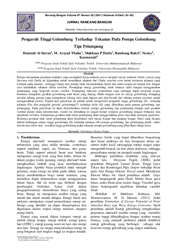 (PDF) Pengaruh Tinggi Gelombang Terhadap Tekanan Pada Pompa Gelombang Tipe Pelampung
