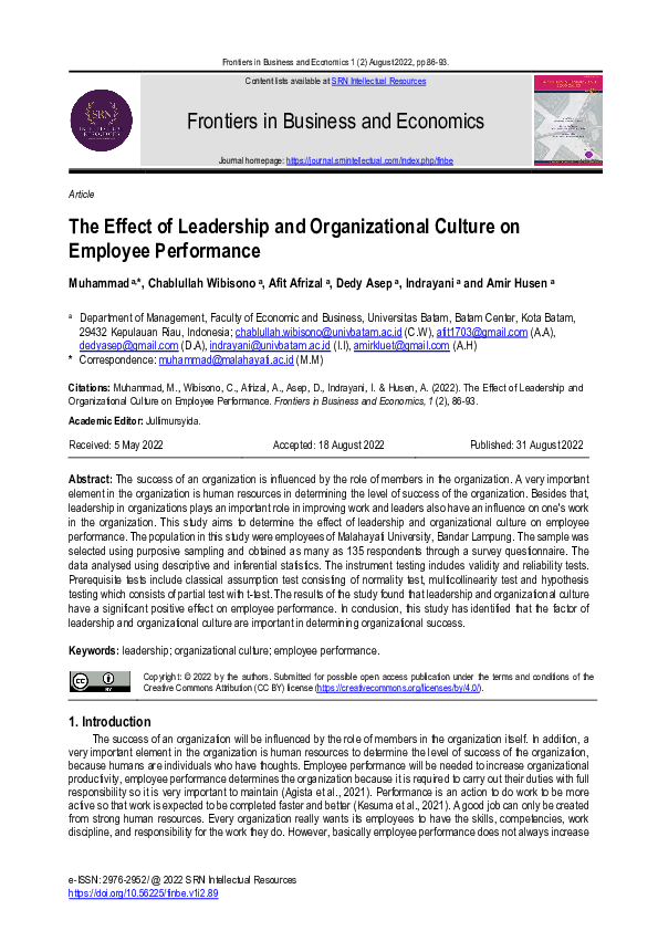 (PDF) The Effect of Leadership and Organizational Culture on Employee Performance