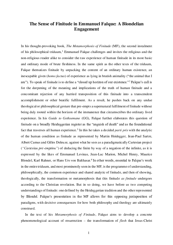 (PDF) The Sense of Finitude in Emmanuel Falque: A Blondelian Engagement