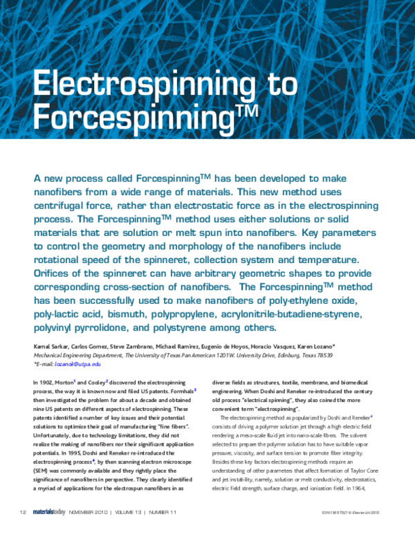 (PDF) Electrospinning to Forcespinning™
