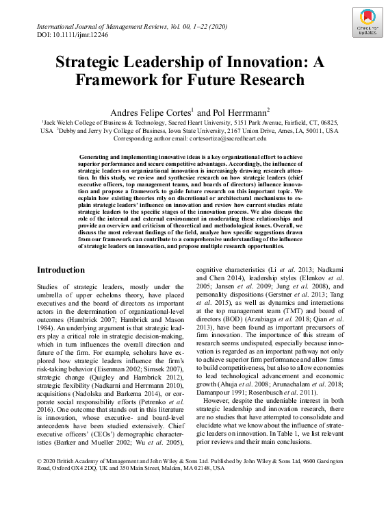 (PDF) Strategic Leadership of Innovation: A Framework for Future Research