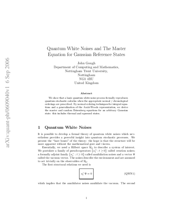 (PDF) Quantum White Noise and the Master Equation for Gaussian ...