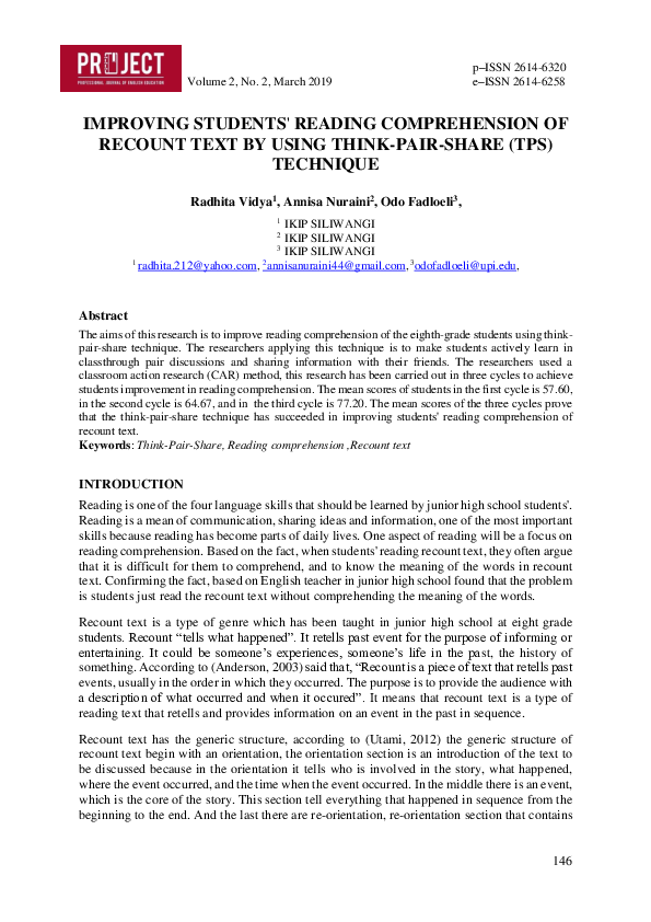 Improving Students' Reading Comprehension of Recount Text by Using Think-Pair-Share (TPS) Technique