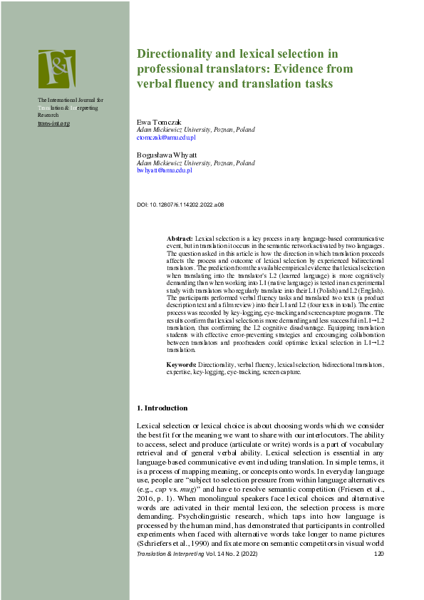 (PDF) Directionality and lexical selection in professional translators: Evidence from verbal ...