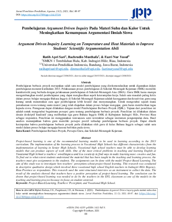 (PDF) Pembelajaran Argument Driven Inquiry Pada Materi Suhu dan Kalor Untuk Meningkatkan ...