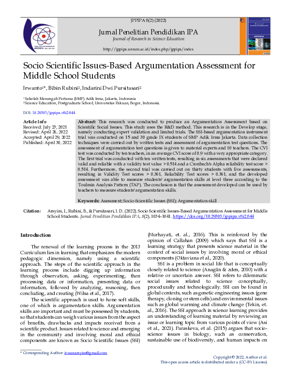 (PDF) Socio Scientific Issues-Based Argumentation Assessment for Middle ...