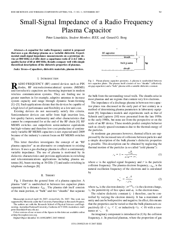 (PDF) Small-Signal Impedance of a Radio Frequency Plasma Capacitor