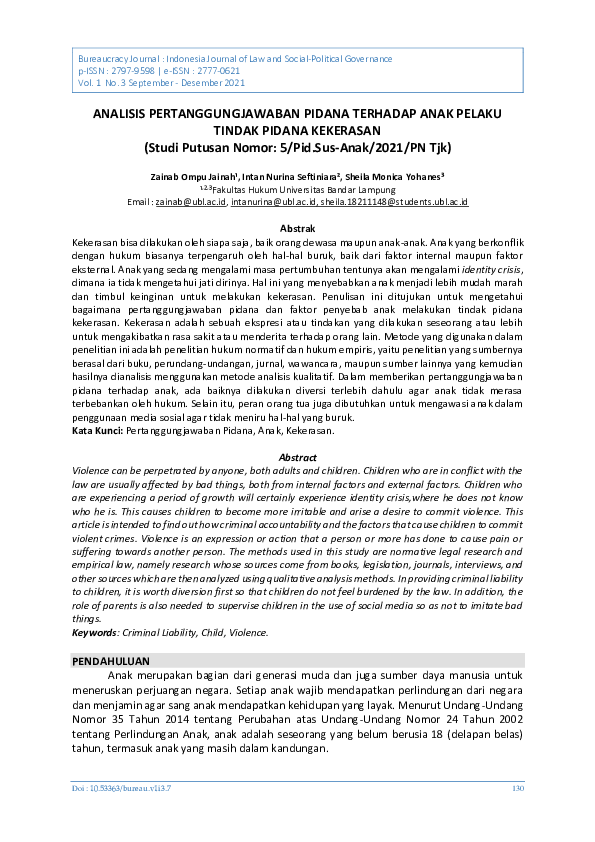 (PDF) Analisis Pertanggungjawaban Pidana Terhadap Anak Pelaku Tindak Pidana Kekerasan