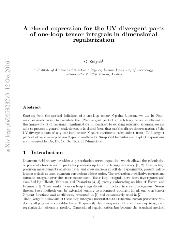 (PDF) A closed expression for the UV-divergent parts of one-loop tensor integrals in dimensional ...