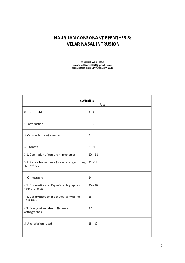 (PDF) NAURUAN CONSONANT EPENTHESIS: VELAR NASAL INTRUSION