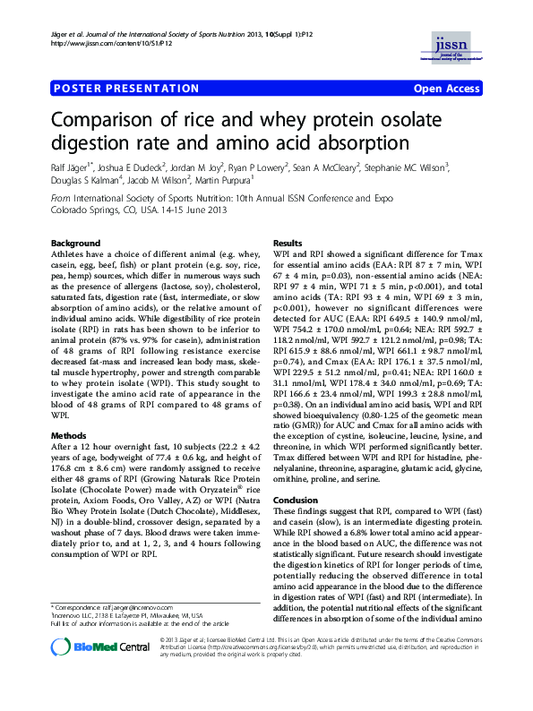 (PDF) Comparison of rice and whey protein osolate digestion rate and ...