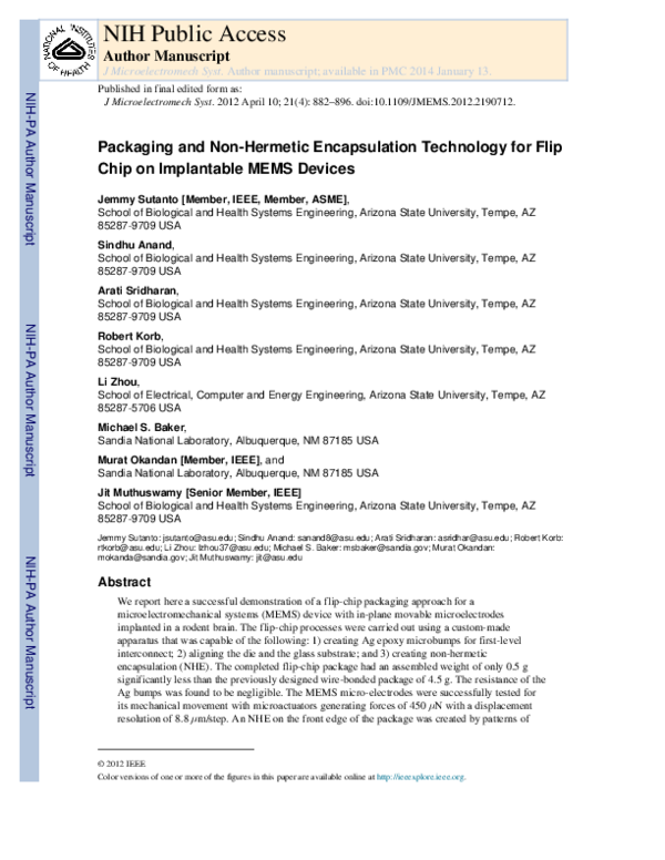 (PDF) Packaging and Non-Hermetic Encapsulation Technology for Flip Chip on Implantable MEMS Devices