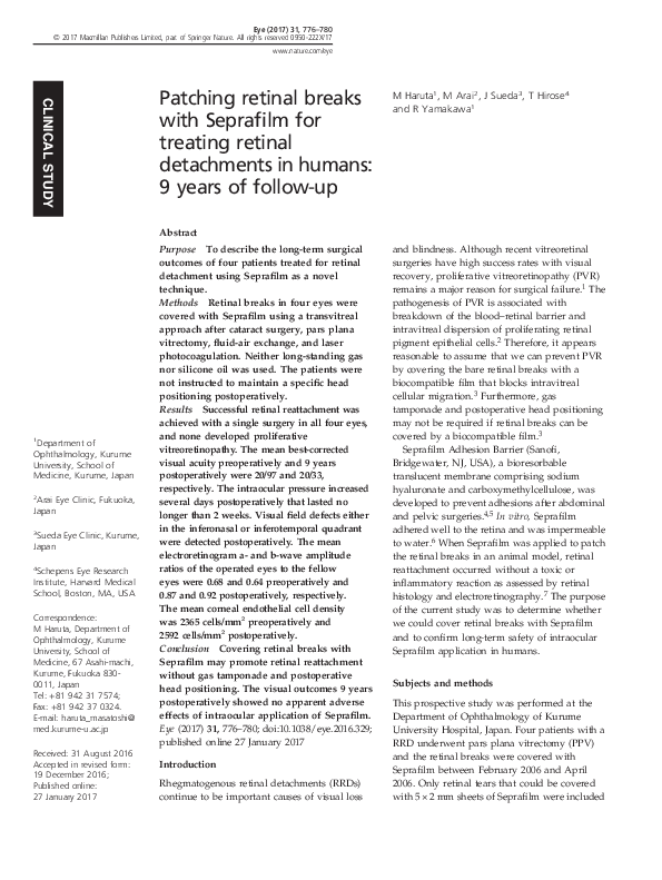 (PDF) Patching retinal breaks with Seprafilm for treating retinal ...