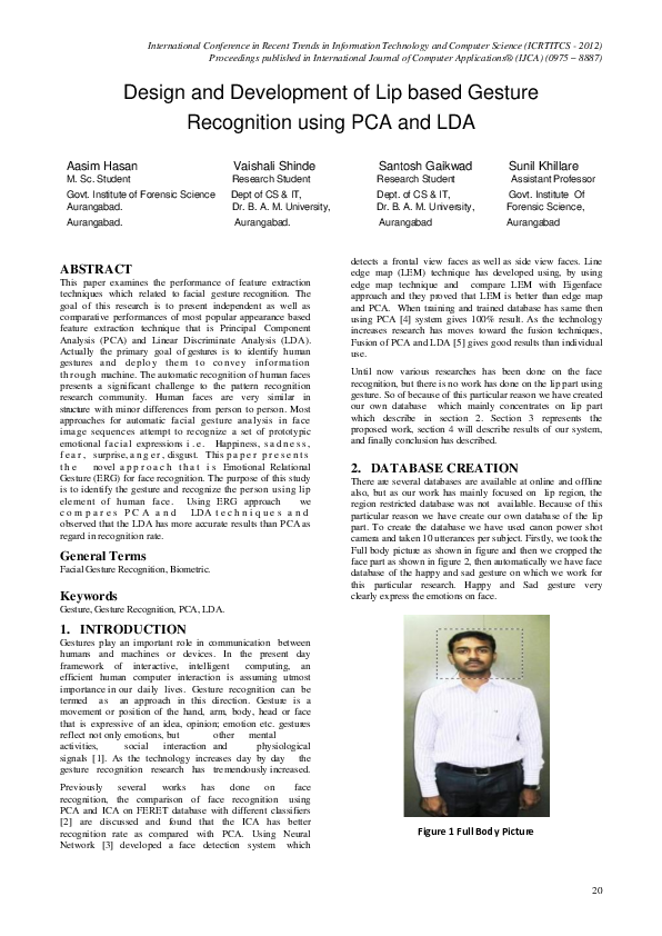 (PDF) Design and Development of Lip based Gesture Recognition using PCA and LDA | Vaishali ...