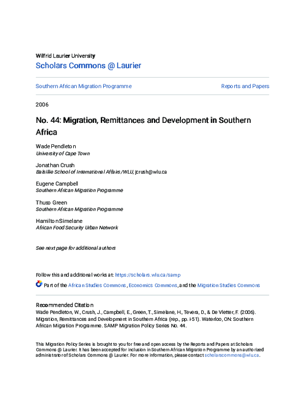 (PDF) No. 44: Migration, Remittances and Development in Southern Africa