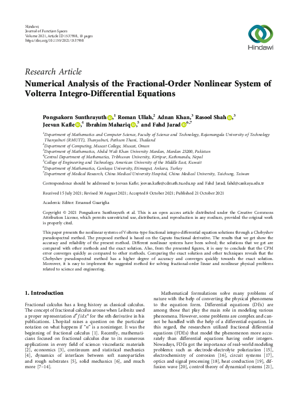 Pdf Numerical Analysis Of The Fractional Order Nonlinear System Of Volterra Integro