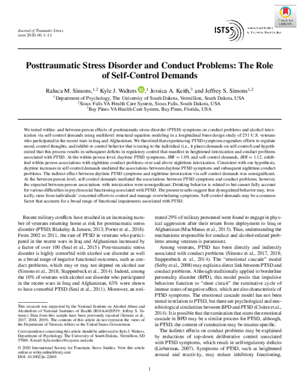 (PDF) Posttraumatic Stress Disorder and Conduct Problems: The Role of Self‐Control Demands
