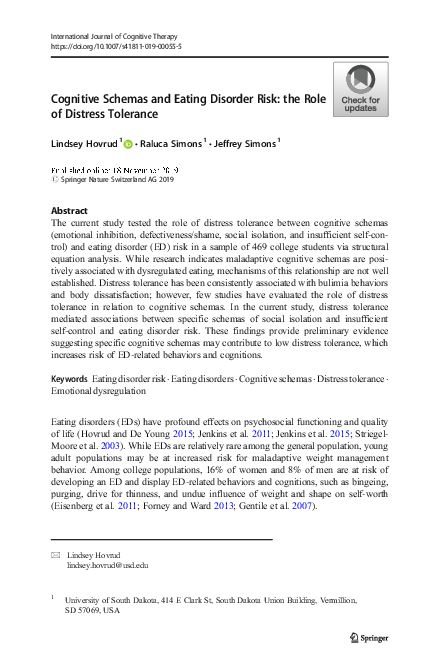(PDF) Cognitive Schemas and Eating Disorder Risk: the Role of Distress ...