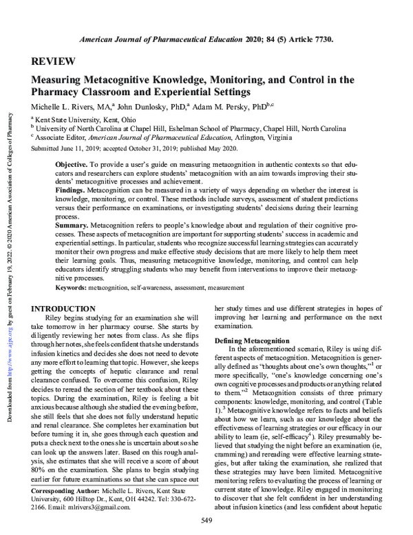 (PDF) Measuring Metacognitive Knowledge, Monitoring, and Control in the Pharmacy Classroom and ...